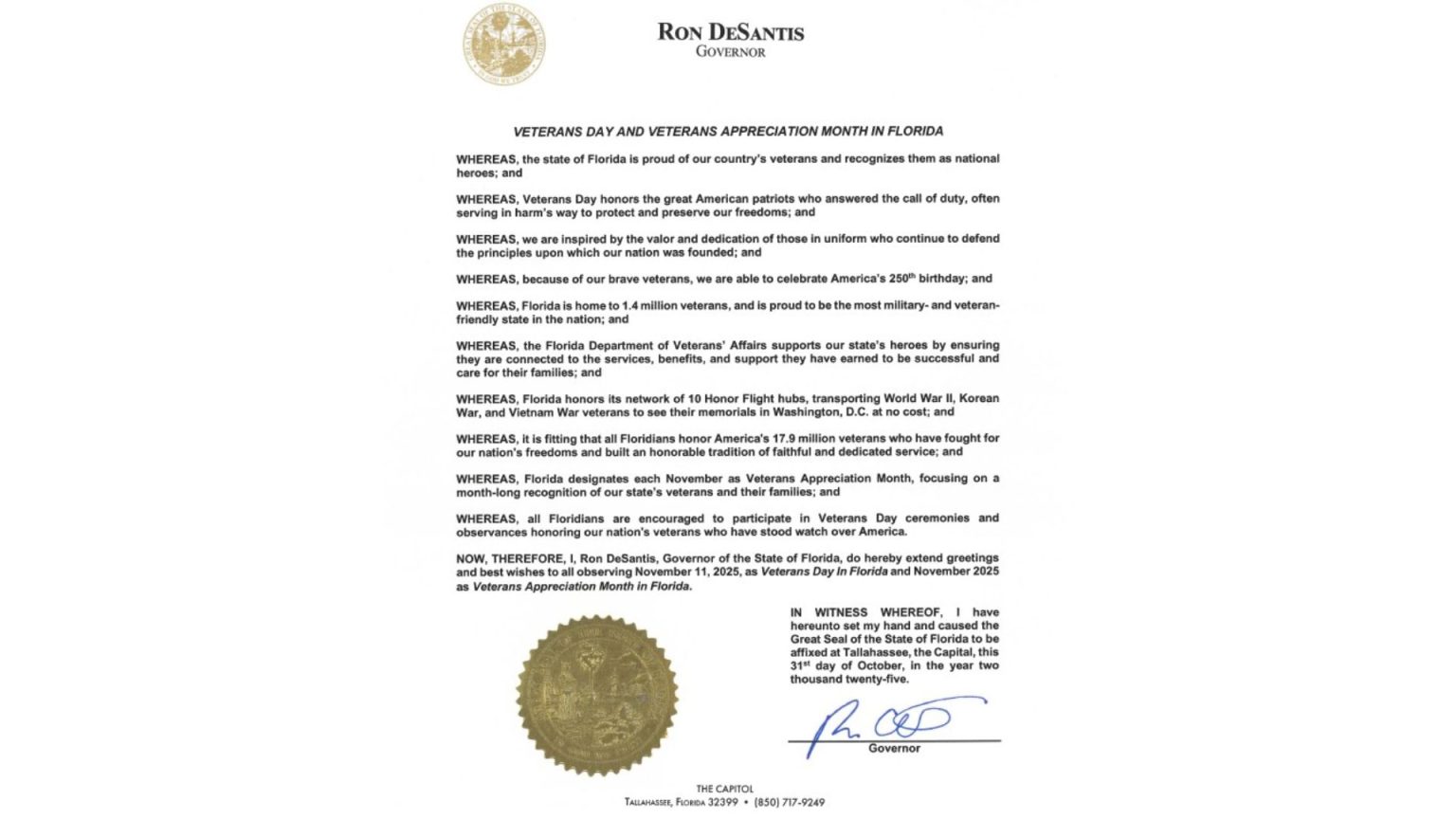 Governor Ron DeSantis signs proclamation officially recognizing ...